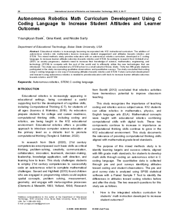 (PDF) Autonomous Robotics Math Curriculum Development Using C Coding Language to Increase ...