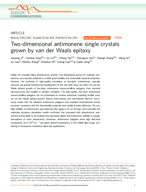 (PDF) Two-dimensional antimonene single crystals grown by van der Waals epitaxy
