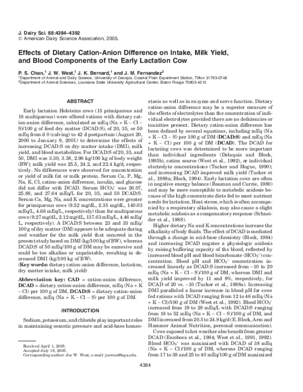 (PDF) Effects of Dietary Cation-Anion Difference on Intake, Milk Yield ...