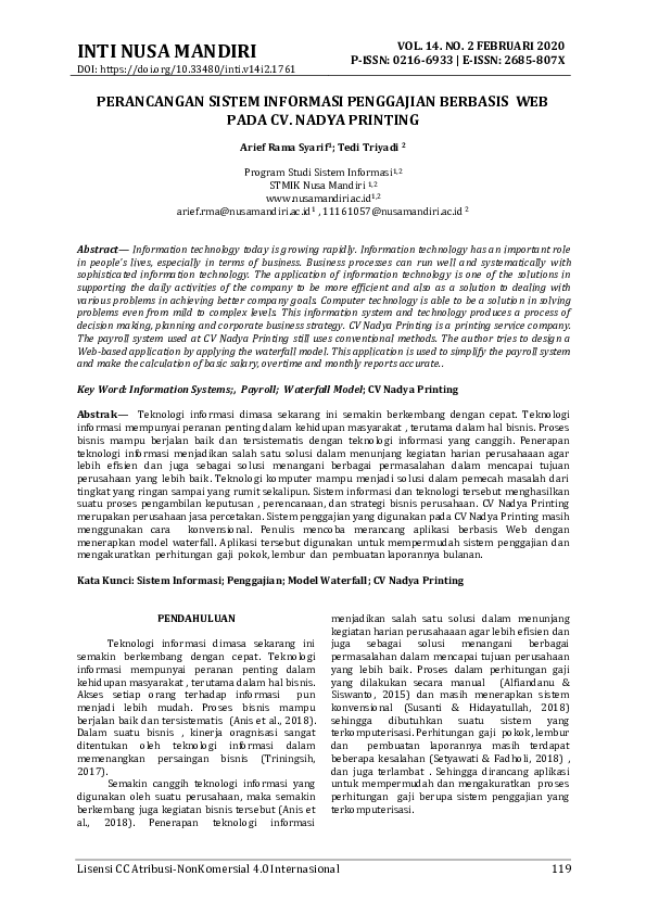 (PDF) Perancangan Sistem Informasi Penggajian Berbasis Web Pada CV. Nadya Printing
