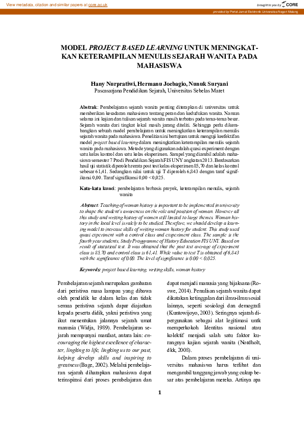 (PDF) Model Project Based Learning Untuk Meningkatkan Keterampilan Menulis Sejarah Wanita Pada ...