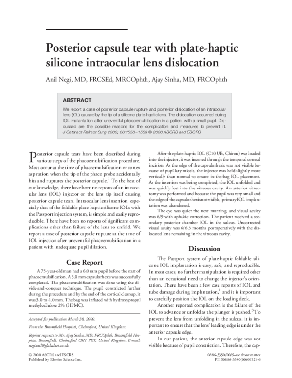 (PDF) Posterior capsule tear with plate-haptic silicone intraocular ...