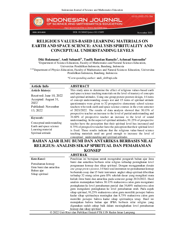 (PDF) Religious Values-Based Learning Materials on Earth and Space Science: Analysis ...