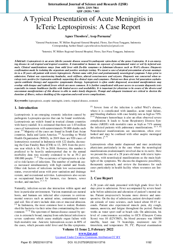 (PDF) A Typical Presentation of Acute Meningitis in IcTeric Leptospirosis: A Case Report | Asep ...