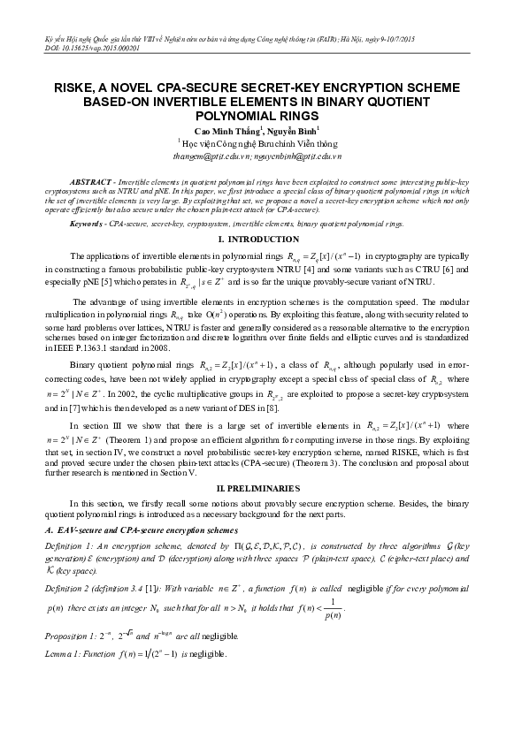 (PDF) Riske, a Novel Cpa-Secure Secret-Key Encryption Scheme Based-On Invertible Elements in ...