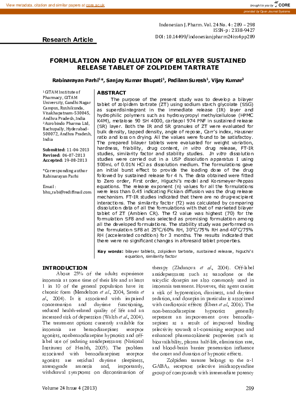 Pdf Formulation And Evaluation Of Bilayer Sustained Release Tablet Of Zolpidem Tartrate