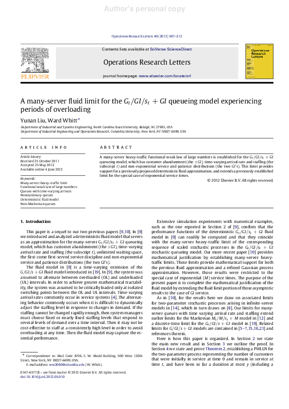 (PDF) A many-server fluid limit for the queueing model experiencing periods of overloading