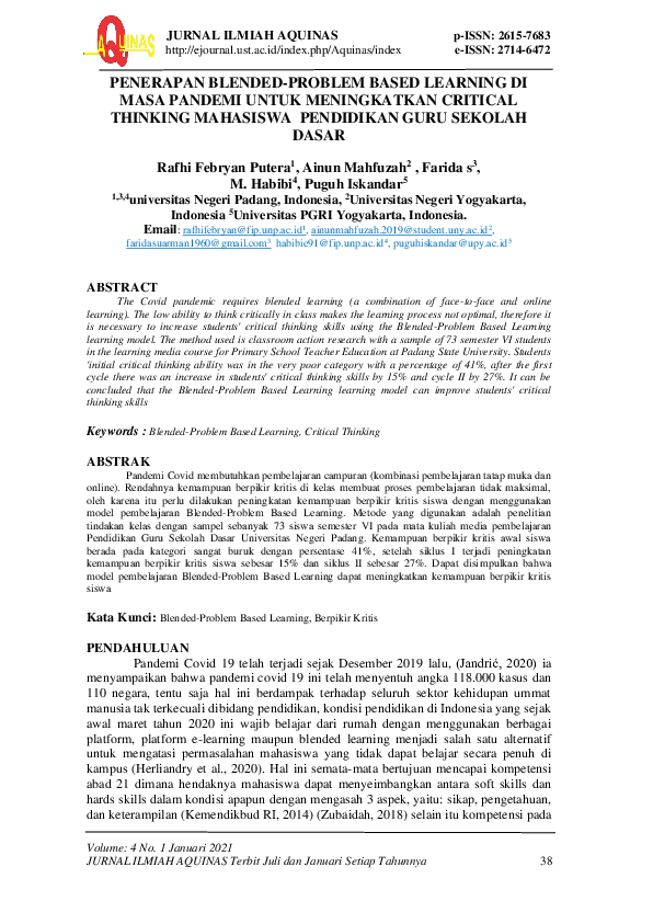 (PDF) Penerapan Blended-Problem Based Learning DI Masa Pandemi Untuk Meningkatkan Critical ...