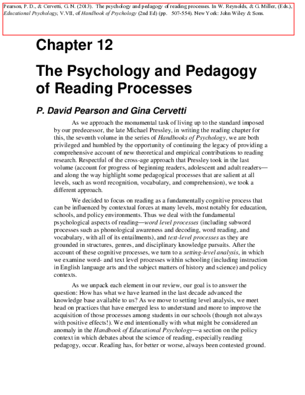(PDF) The Psychology and Pedagogy of Reading Processes