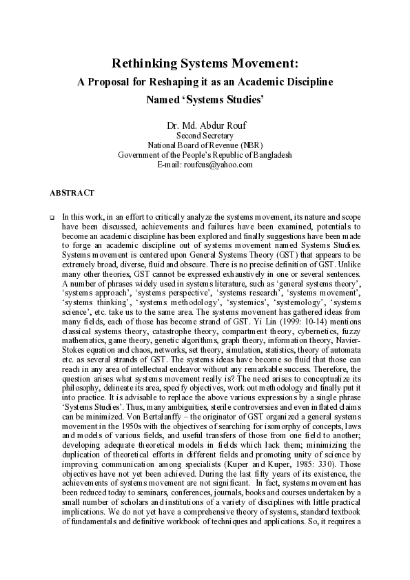 (PDF) Rethinking Systems Movement: A Proposal for Reshaping it as an Academic Discipline