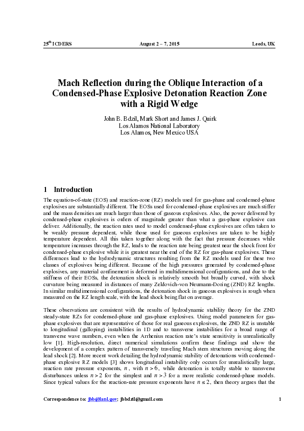 (PDF) Mach Reflection during the Oblique Interaction of a Condensed ...