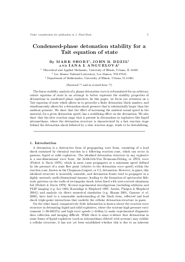 (PDF) Condensed-phase detonation stability for a Tait equation of state