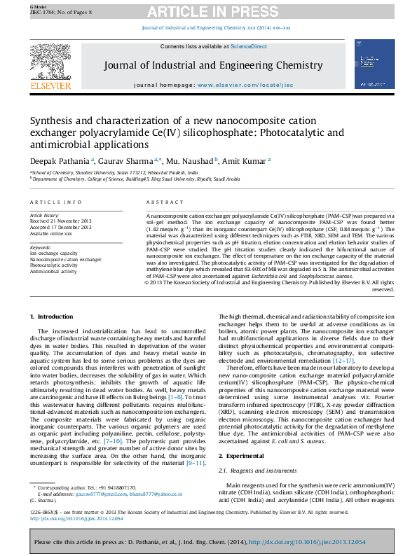(PDF) Synthesis and characterization of a new nanocomposite cation exchanger polyacrylamide Ce ...