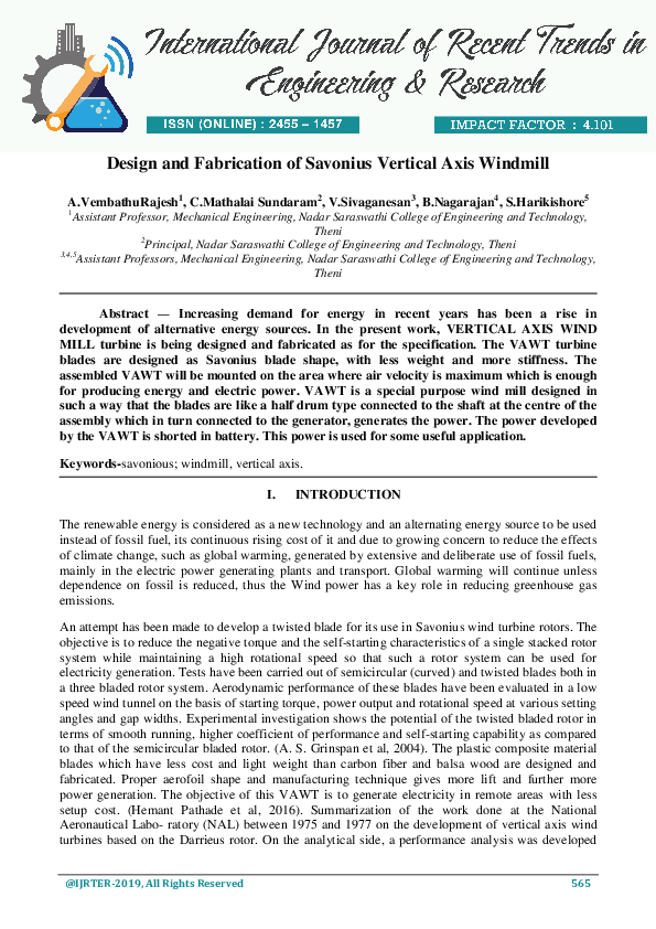 (PDF) Design and Fabrication of Savonius Vertical Axis Windmill