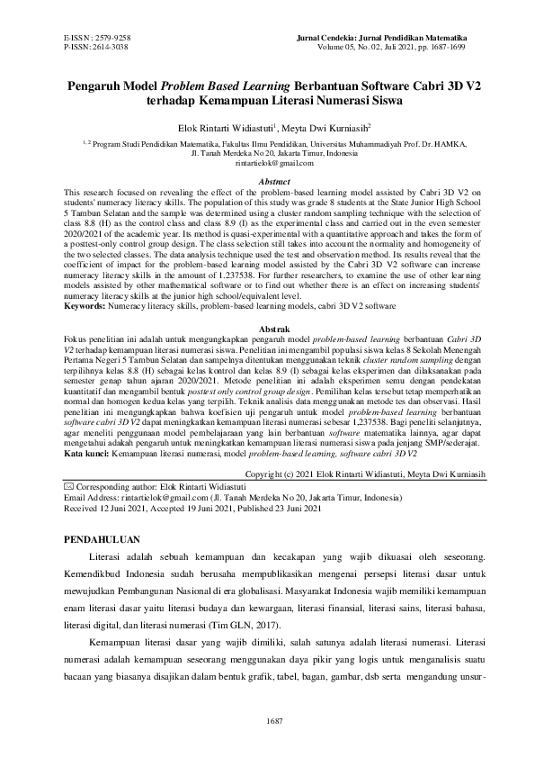 (PDF) Pengaruh Model Problem Based Learning Berbantuan Software Cabri 3D V2 terhadap Kemampuan ...