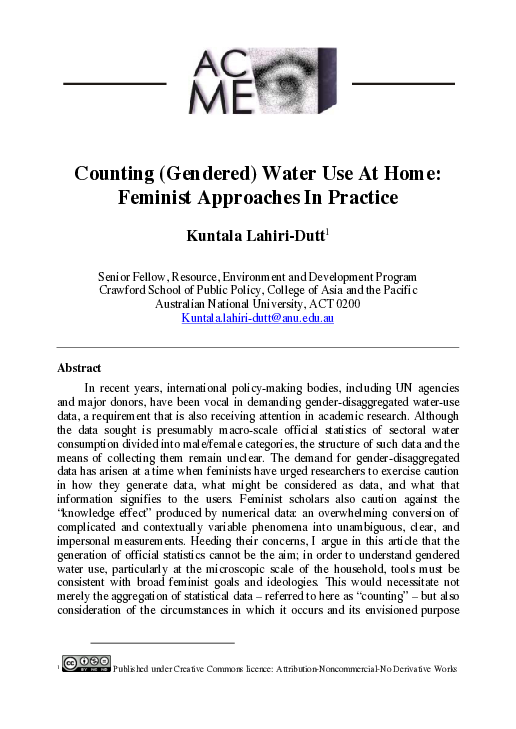 (PDF) Counting (Gendered) Water Use At Home: Feminist Approaches In ...