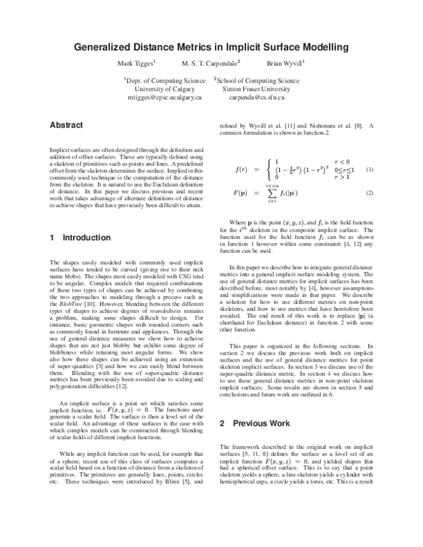 (PDF) Generalized Distance Metrics in Implicit Surface Modelling