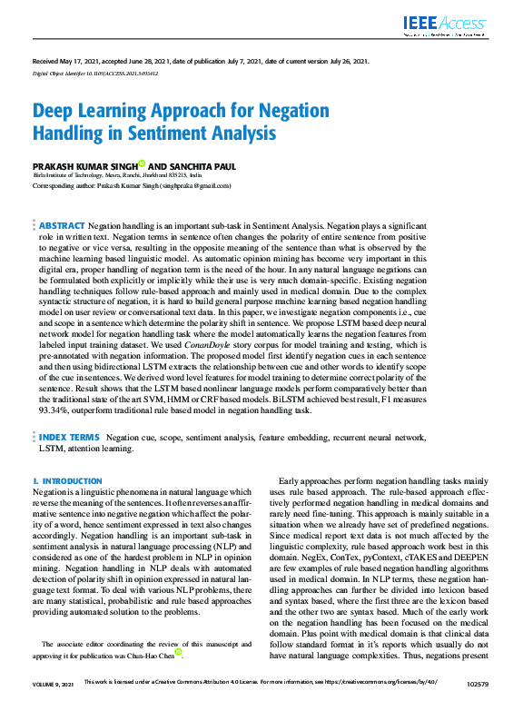 Pdf Deep Learning Approach For Negation Handling In Sentiment Analysis