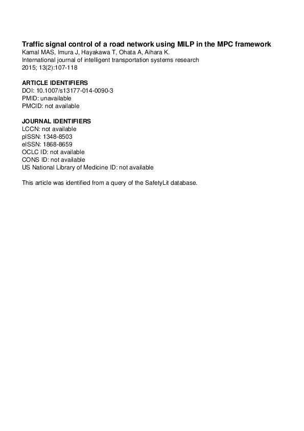 (PDF) Traffic Signal Control of a Road Network Using MILP in the MPC Framework
