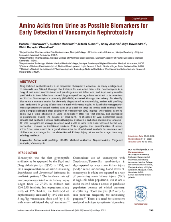 (PDF) Amino Acids from Urine as Possible Biomarkers for Early Detection of Vancomycin Nephrotoxicity