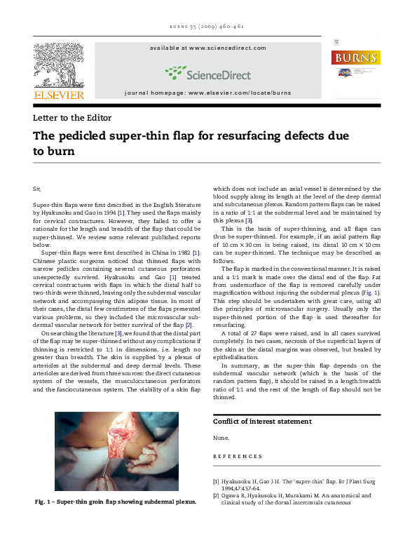 (PDF) The pedicled super-thin flap for resurfacing defects due to burn
