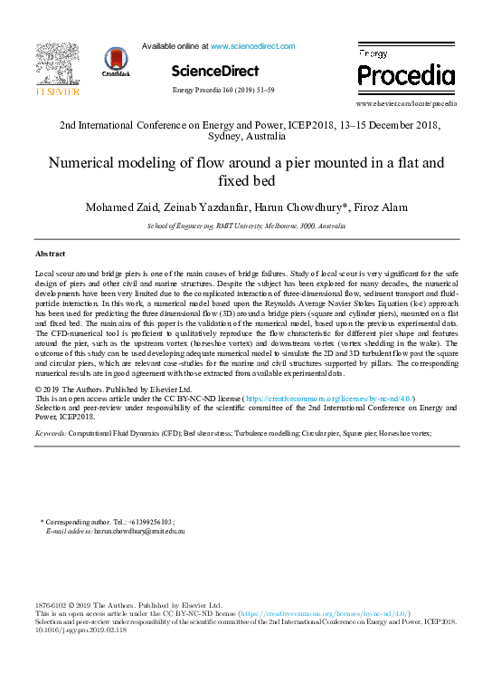 (PDF) Numerical modeling of flow around a pier mounted in a flat and fixed bed | Harun Chowdhury ...