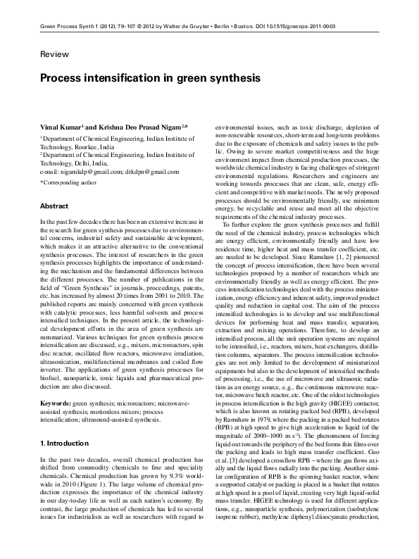 (PDF) Process intensification in green synthesis