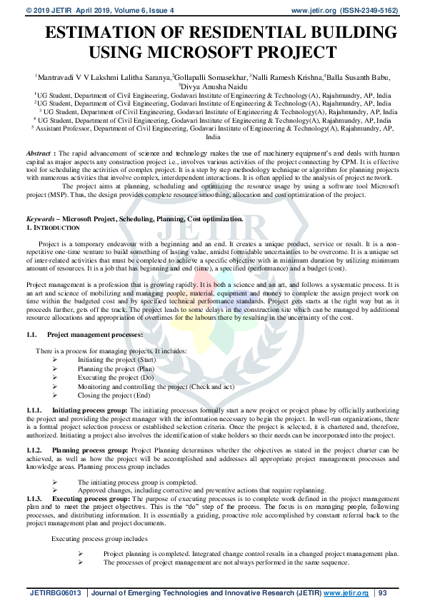 (PDF) Estimation of Residential Building Using Microsoft Project