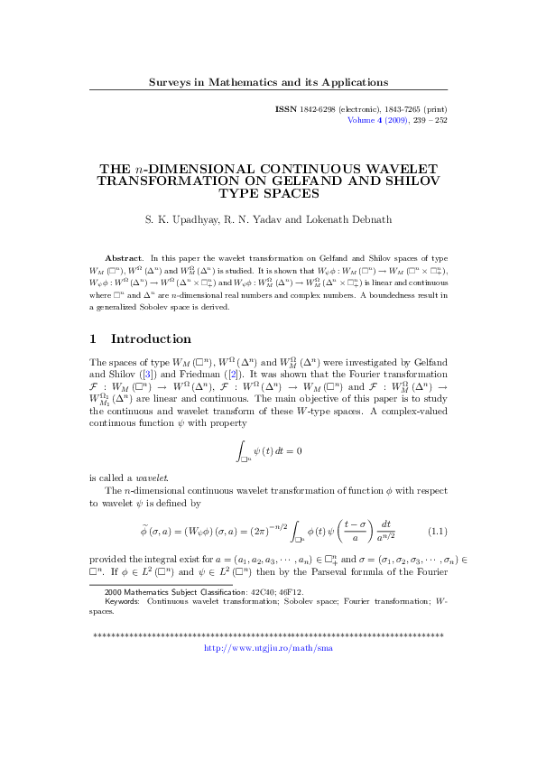(PDF) The n-dimensional continuous wavelet transformation on Gelfand and Shilov type spaces