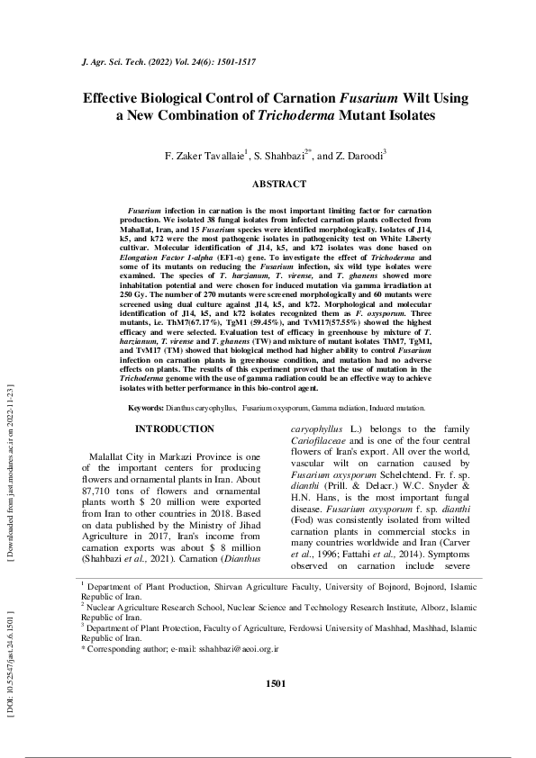 Pdf Effective Biological Control Of Carnation Fusarium Wilt Using A New Combination Of