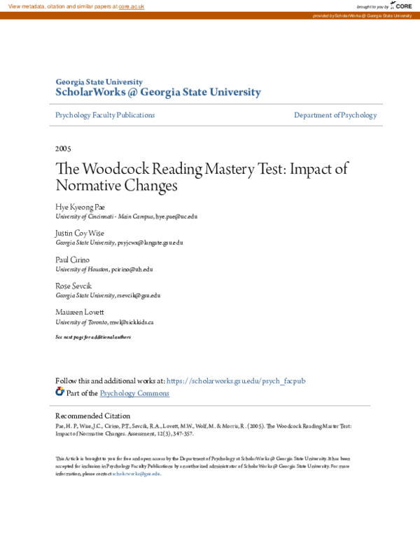 (PDF) The Woodcock Reading Mastery Test: Impact of Normative Changes