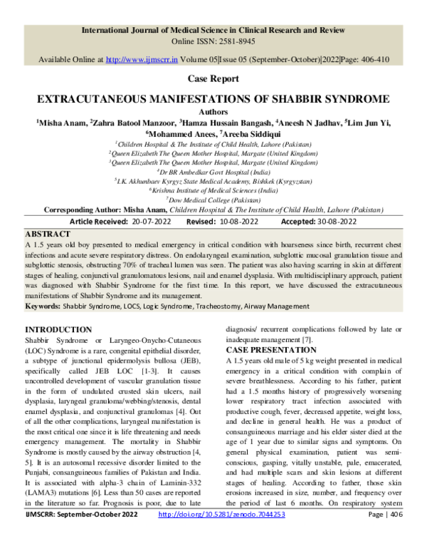 (PDF) EXTRACUTANEOUS MANIFESTATIONS OF SHABBIR SYNDROME