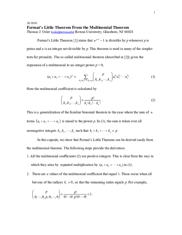 (PDF) Fermat's Little Theorem from the Multinomial Theorem