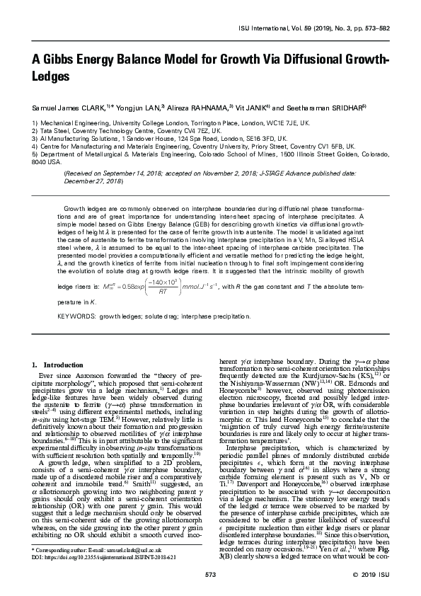 (PDF) A Gibbs Energy Balance Model for Growth Via Diffusional Growth-Ledges