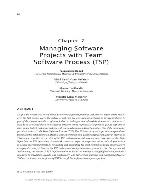 (PDF) Managing Software Projects with Team Software Process (TSP)