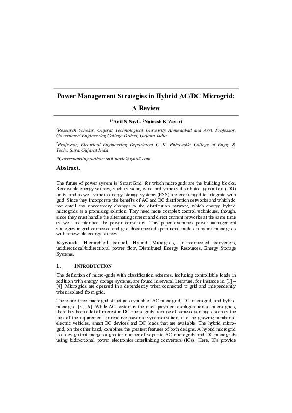 (PDF) Power Management Strategies in Hybrid AC/DC Microgrid: A Review