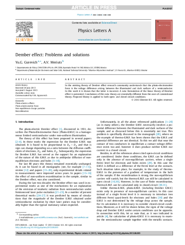 (PDF) Dember effect: Problems and solutions