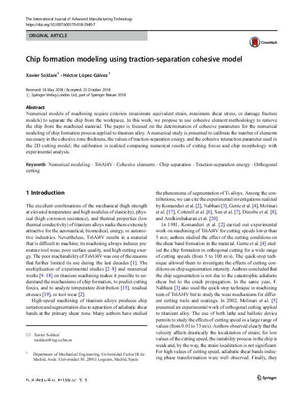(PDF) Chip formation modeling using traction-separation cohesive model