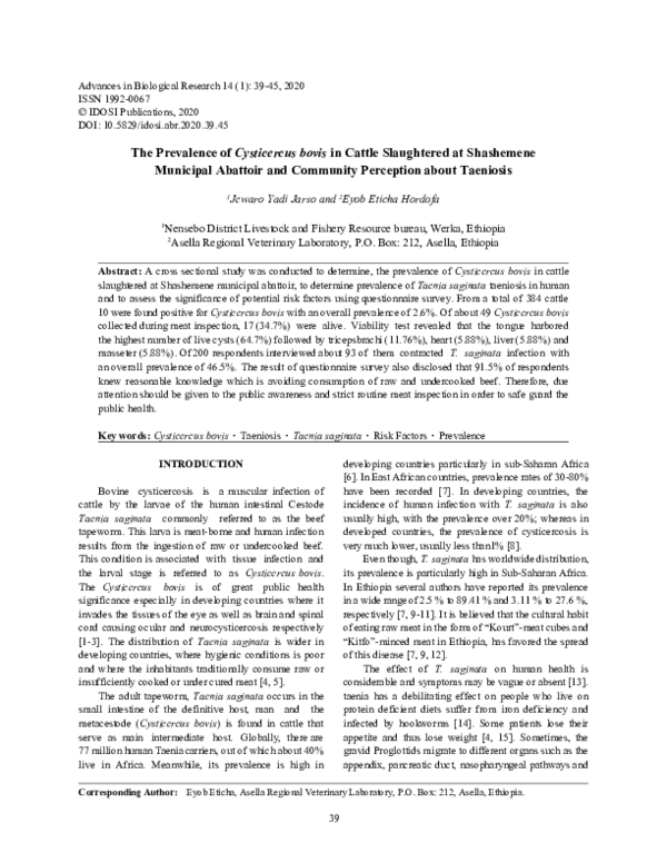 (PDF) The Prevalence of Cysticercus bovis in Cattle Slaughtered at ...