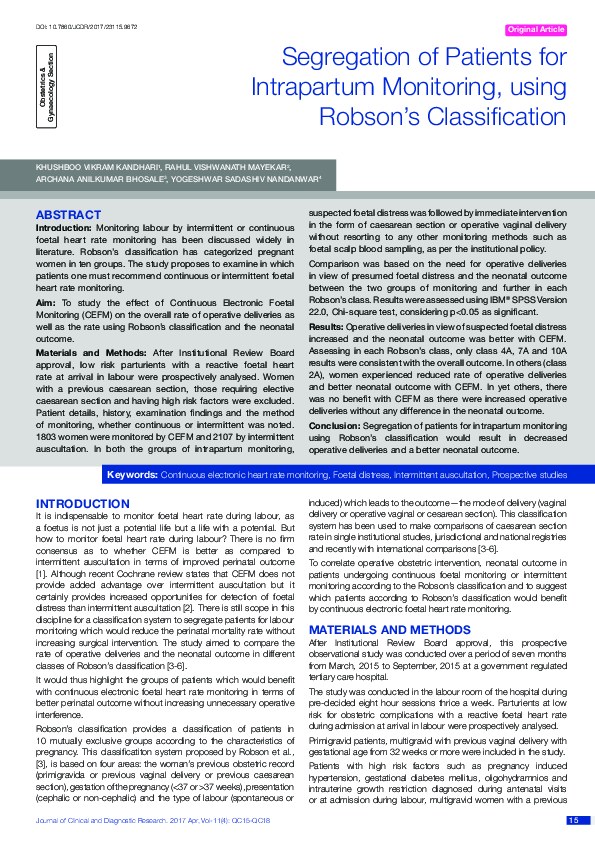 (PDF) Segregation of Patients for Intrapartum Monitoring, using Robson ...