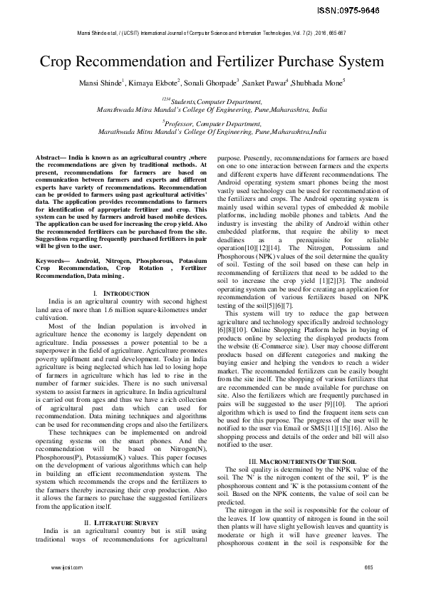 (PDF) Crop Recommendation and Fertilizer Purchase System