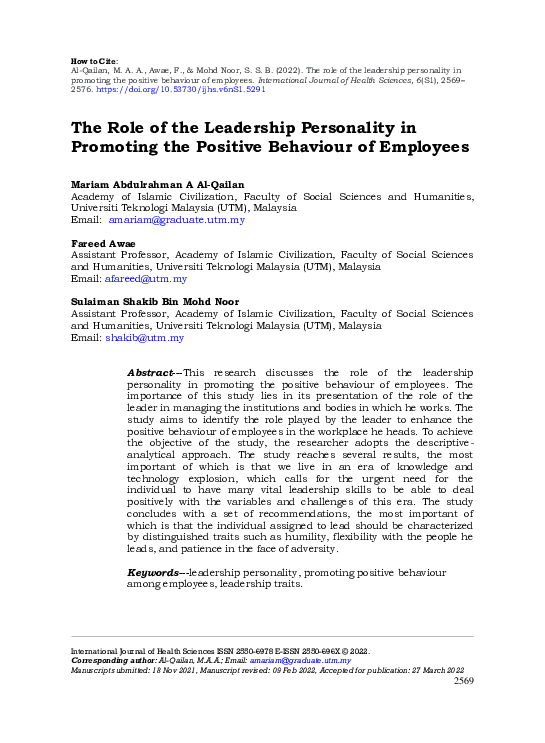 (PDF) The role of the leadership personality in promoting the positive ...