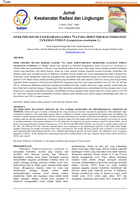 (PDF) Efek Induksi Mutasi Radiasi Gamma 60 Co Pada Pertumbuhan ...