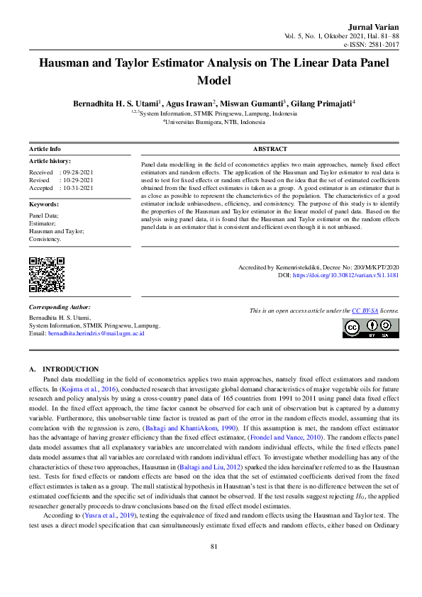 Pdf Hausman And Taylor Estimator Analysis On The Linear Data Panel Model