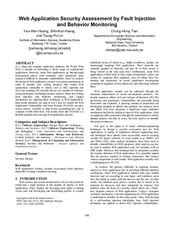 (PDF) Web application security assessment by fault injection and behavior monitoring