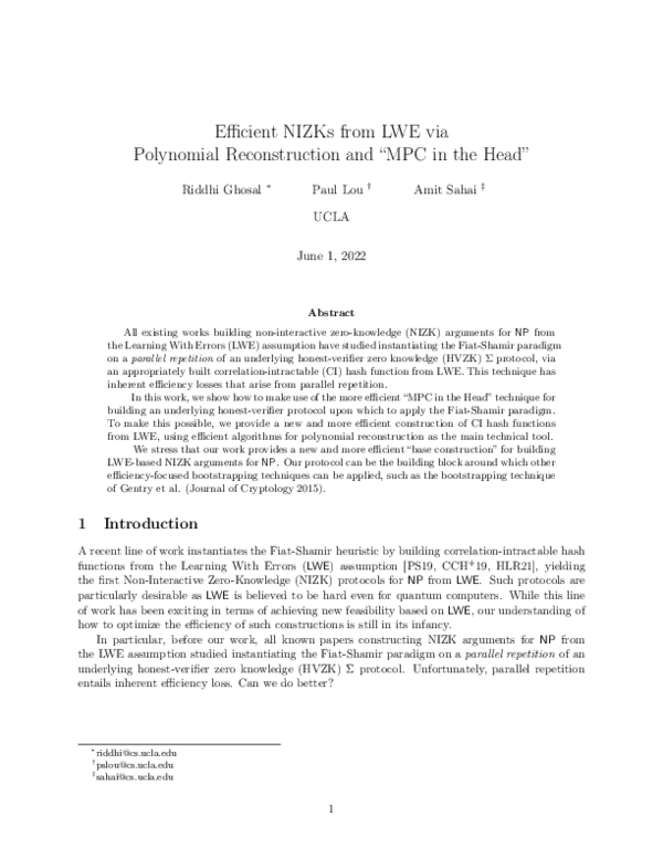 Pdf Efficient Nizks From Lwe Via Polynomial Reconstruction And Mpc In The Head 0791