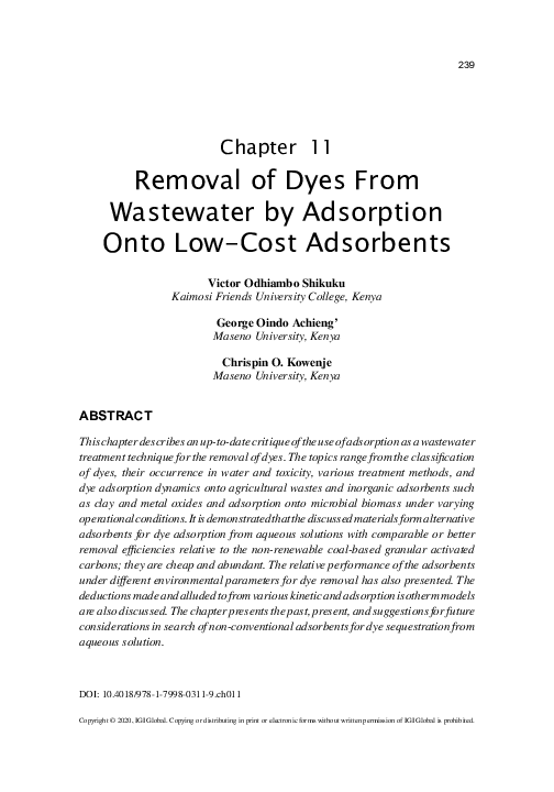 (PDF) Removal of Dyes From Wastewater by Adsorption Onto Low-Cost Adsorbents
