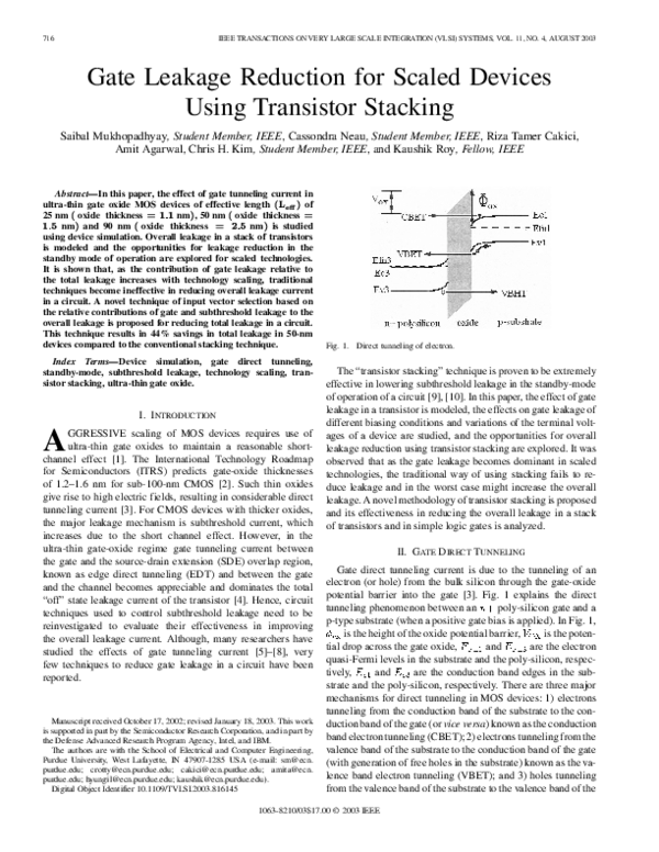 Pdf Gate Leakage Reduction For Scaled Devices Using Transistor Stacking