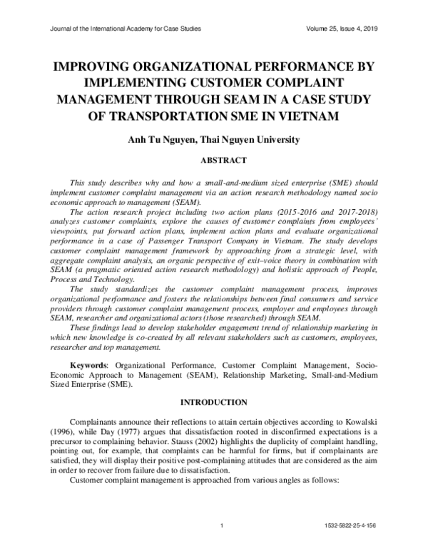 (PDF) Improving Organizational Performance By Implementing Customer Complaint Management Through ...