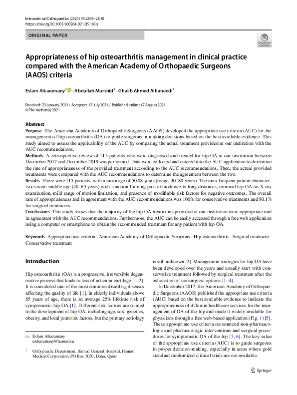 (PDF) Appropriateness of hip osteoarthritis management in clinical practice compared with the ...